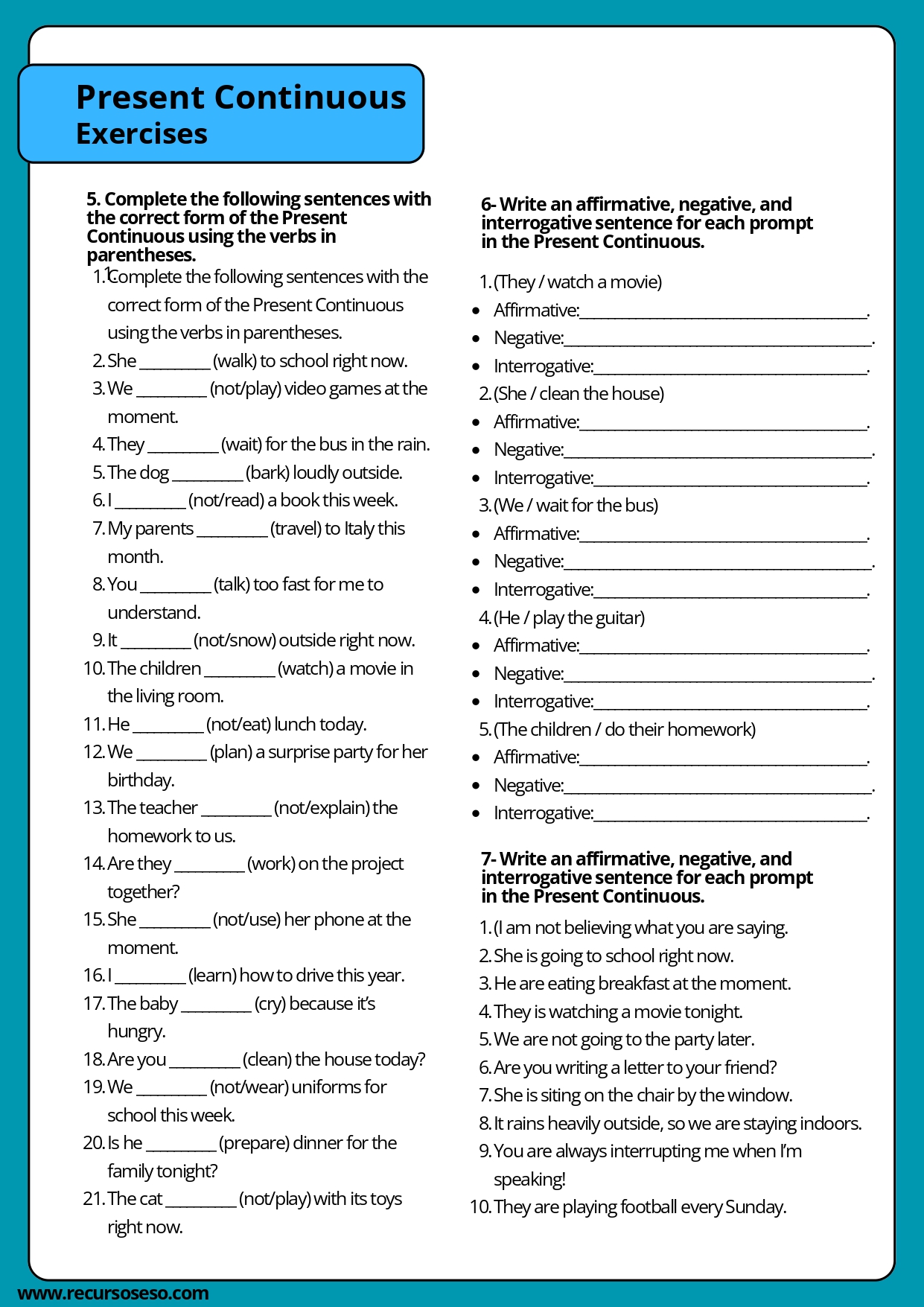 Ejercicios Present Continuous 2