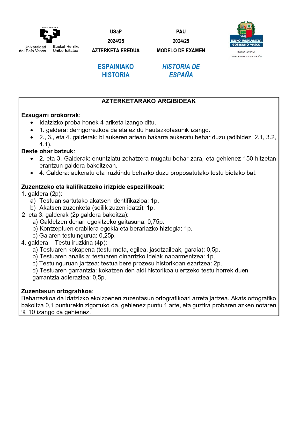 Modelos Examen Pau Historia De España 2025 Pais Vasco Page 0001