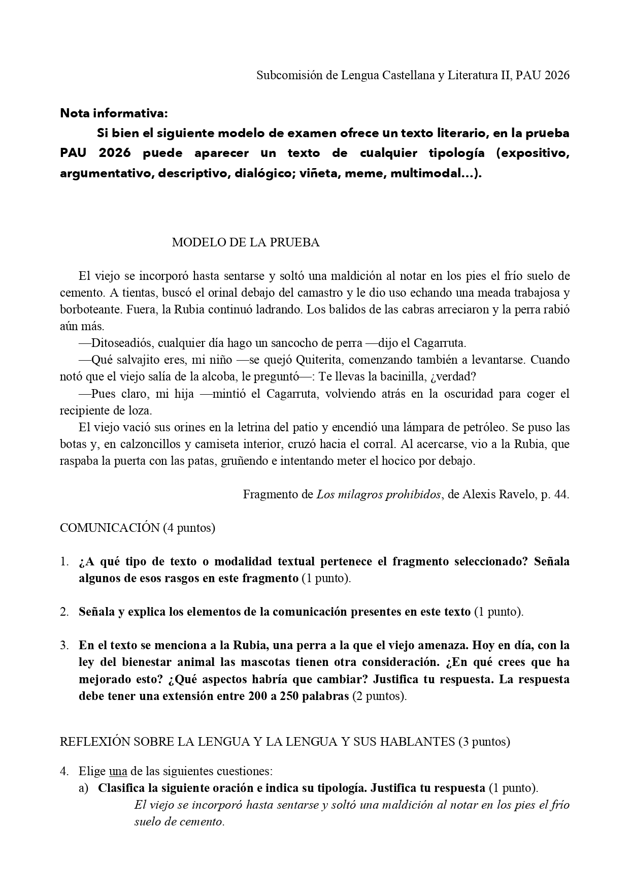 Modelos de Exámenes Lengua y Literatura – PAU 2026
