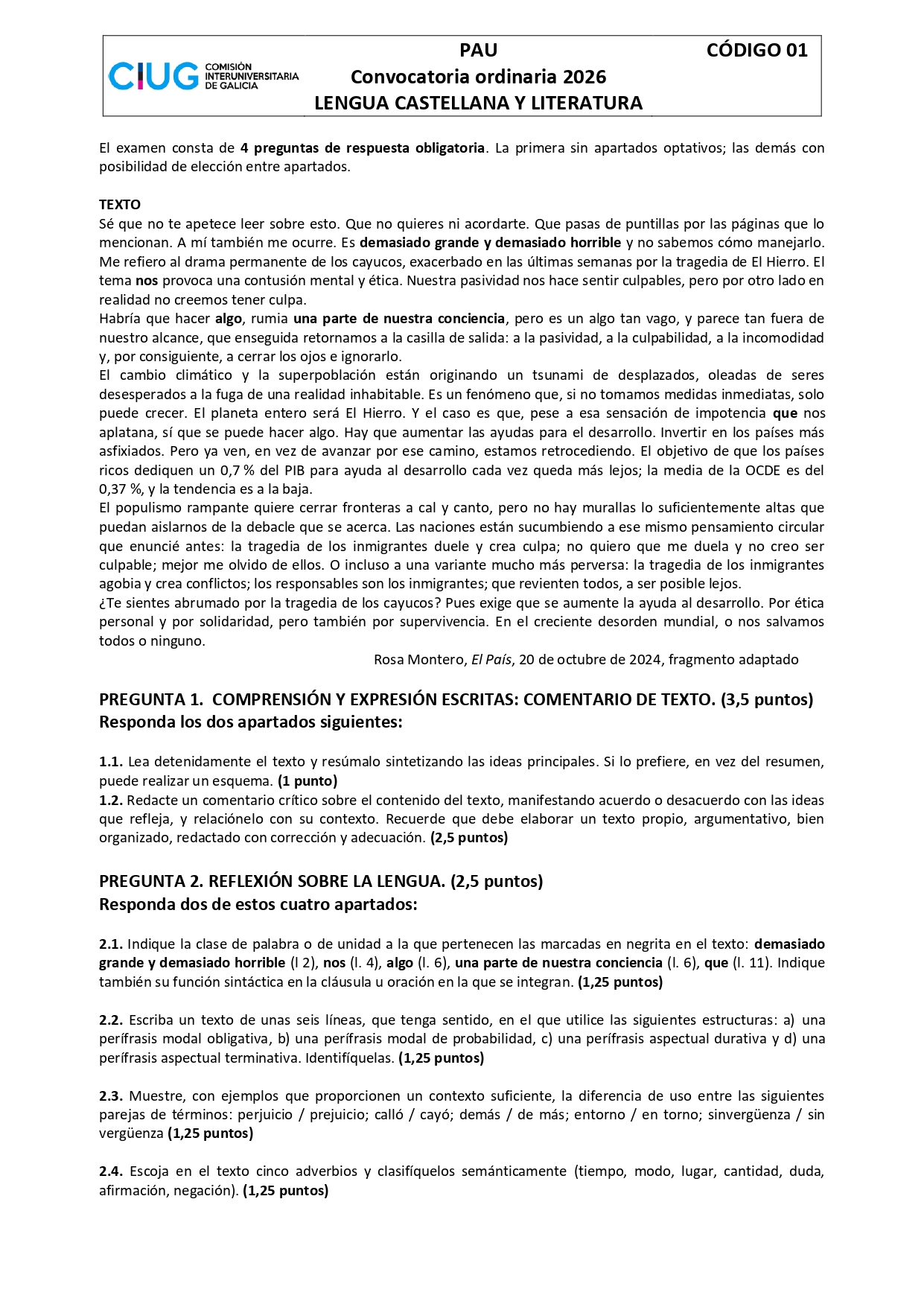 Modelos de Exámenes Lengua y Literatura – PAU 2026