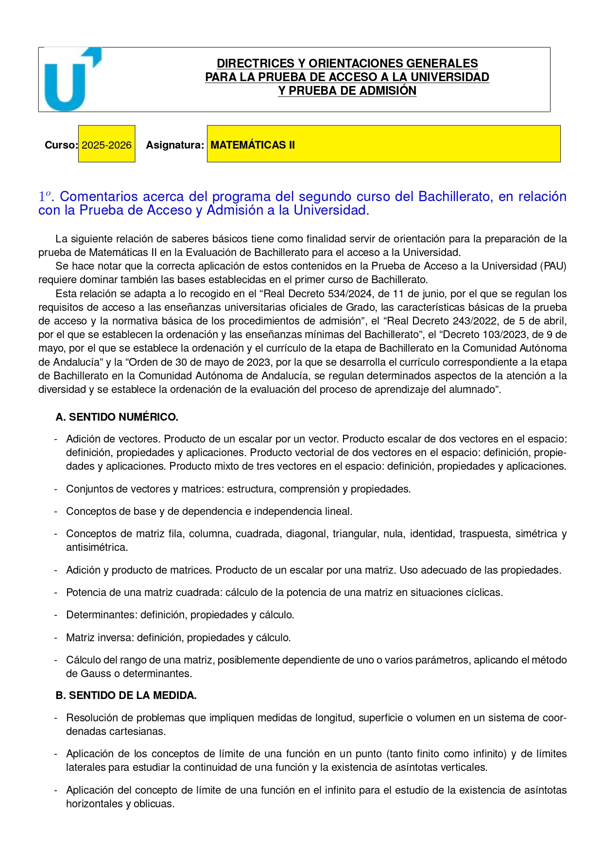 Modelos de Exámenes Matemáticas II – PAU 2026