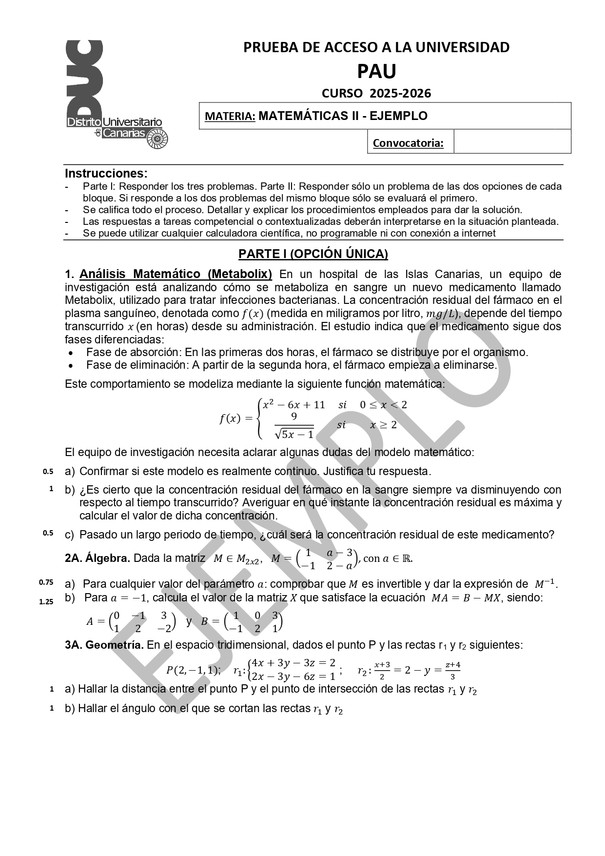 Modelos de Exámenes Matemáticas II – PAU 2026