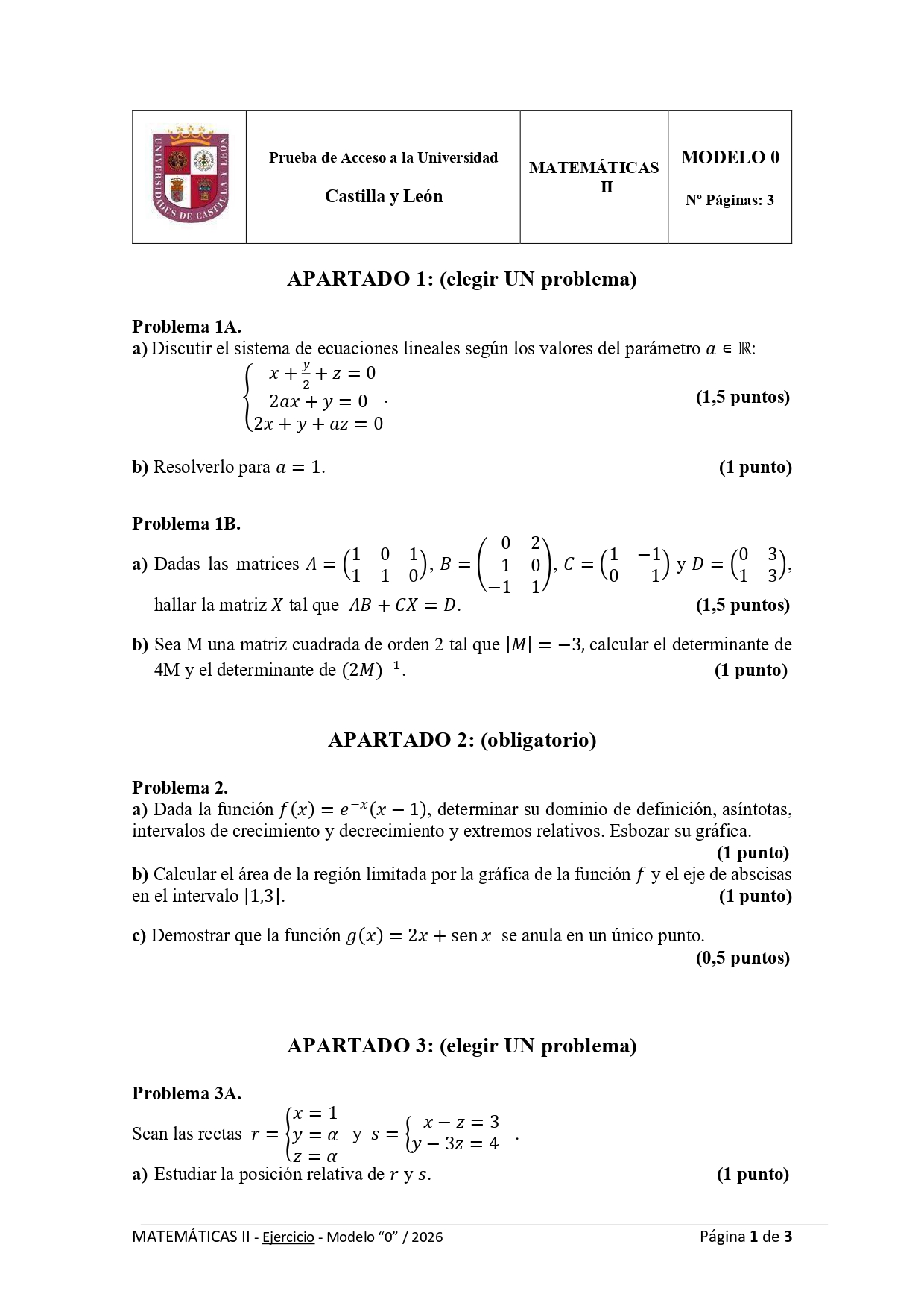 Modelos de Exámenes Matemáticas II – PAU 2026