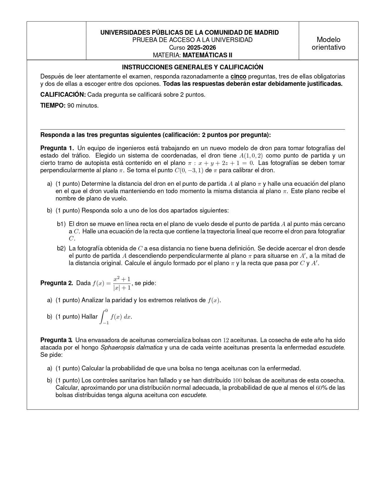 Modelos de Exámenes Matemáticas II – PAU 2026